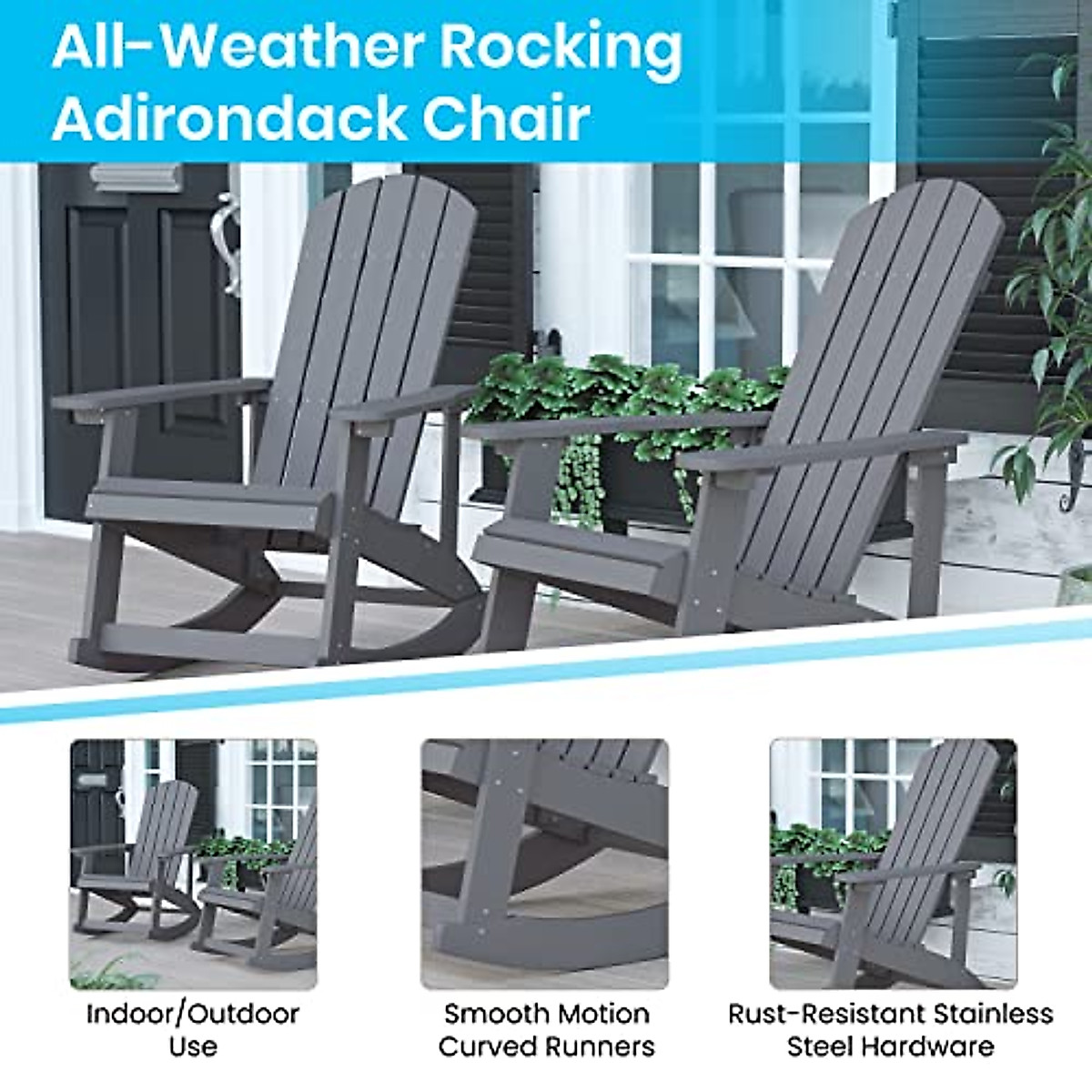 Flash Furniture Savannah Poly Resin Wood Adirondack Rocking Chair - All Weather Gray Polystyrene - Stainless Steel Hardware - Set of 2
