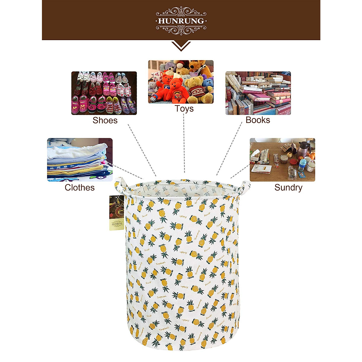 HUNRUNG Laundry Hamper,Large Canvas Fabric Lightweight Storage Basket Toy Organizer Dirty Clothes Collapsible Waterproof for College Dorms, Children Bedroom,Bathroom (Pineapple)