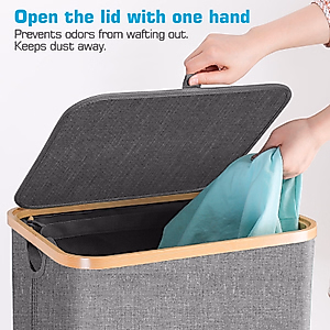 200L Laundry Hamper, HYSEYY 2-Pack Extra Large Laundry Baskets with Lid, Removable Inner Bags, Collapsible Rectangular Clothes Hamper, Laundry Organizer with Bamboo Handles for Laundry, Grey