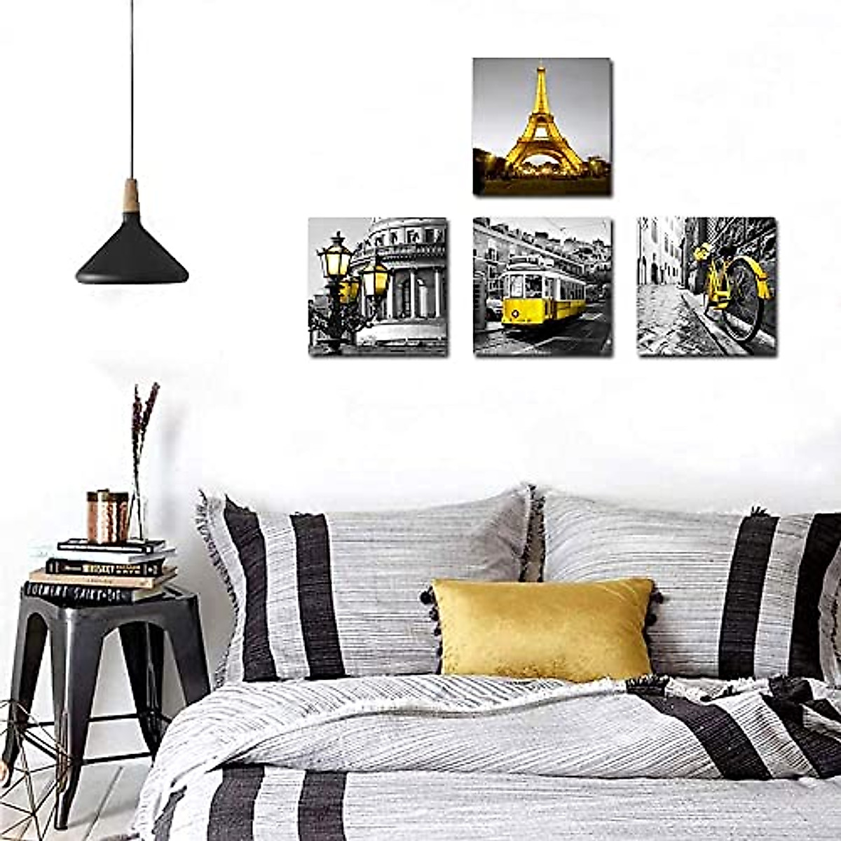 YMYXMC33 Decor Bedroom Paris Eiffel Tower Canvas Print Black and White Wall Art London Landmark Building Yellow Lighting Old Tram Yellow Rose Bicycle Picture Decoration Living Room 12"x12"x4