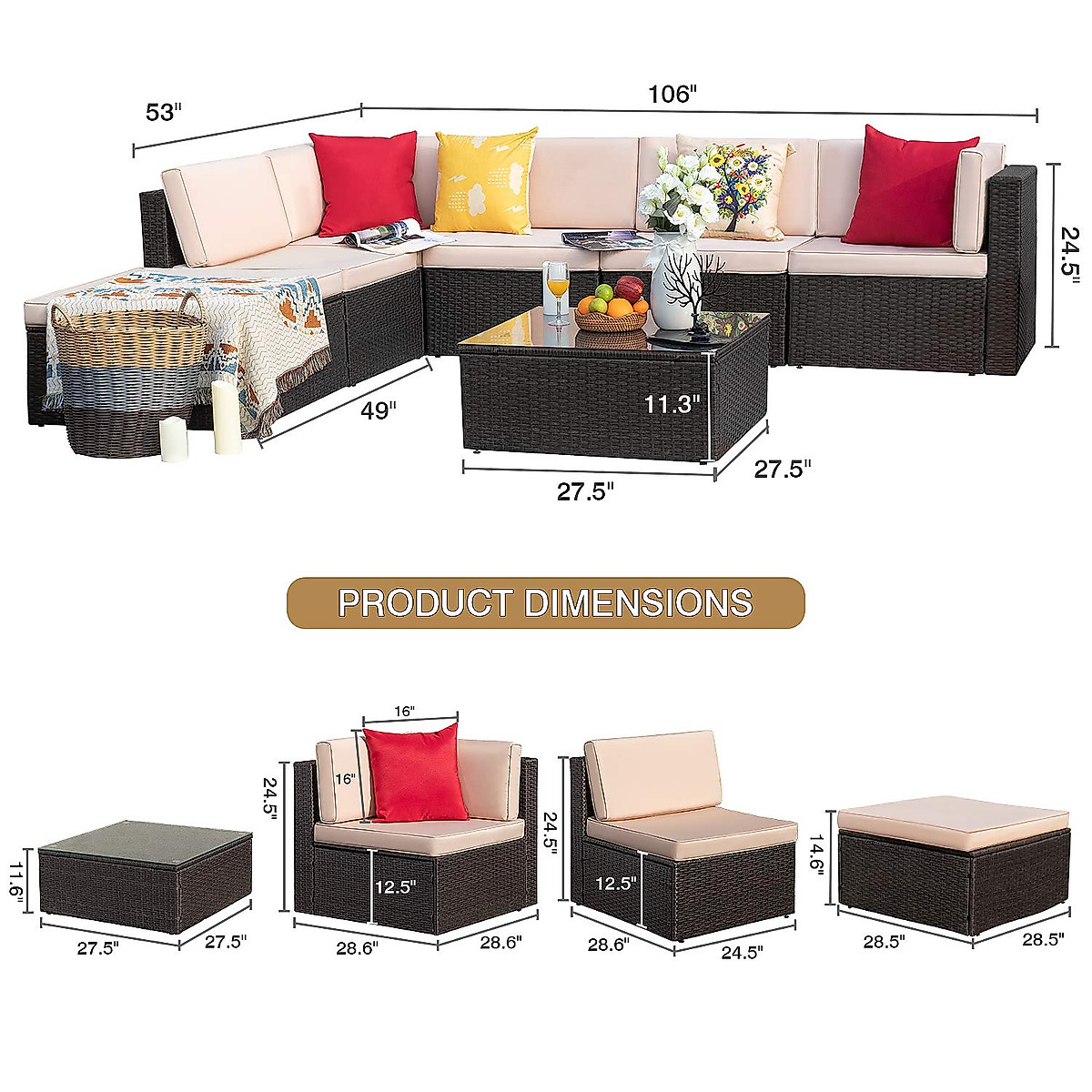 Homall 7 Pieces Patio Outdoor Furniture Sofa Set, All Weather PE Rattan Wicker Sectional Sets Modern Modular Couch Outside Conversation Set with Thick Cushions and Glass Coffee Table (Brown)