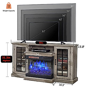 AMERLIFE 59'' Fireplace TV Stand, 3-Sided Glass Fireplace Rustic Media Entertainment Center Console Table for TVs up to 65'' with Glass Door Closed Storage, Wash Gray