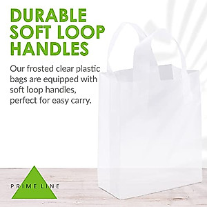 Prime Line Packaging - 8x4x10 Inch 100 Pack Plastic Bags with Handles, Small Gift Bags, Shopping Bags for Small Business, Clear Frosted White in Bulk for Boutiques, Retail Stores, Gifts & Merchandise