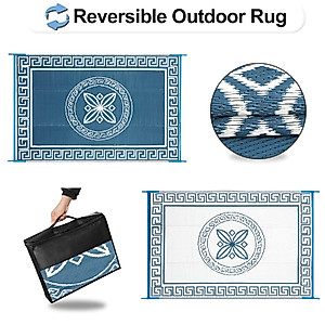 OutdoorLines Outdoor Reversible Rugs for Patio 9x12 ft - Plastic Area Rug, Stain & UV Resistant Portable RV Carpet, Plastic Straw Mats for Porch Deck and Camping Quatrefoil/Grayish Blue & White