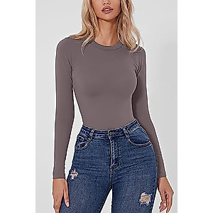 QINSEN Womens Sexy Casual Round Neck Double Lined Long Sleeve Slimming Going Out Top Bodysuits Ash Gray S