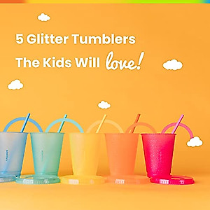 Kids Tumblers with Lids and Straws - 5 Reusable Cups with Lids and Straws, 16oz Glitter Tumbler Cute Cups for Kids in Rainbow Colors, Reusable Plastic Tumblers Cups with Lids and Straws for Smoothie