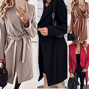 Akabsh Women Fashion Long Coat Woolen Pocket Cardigan Lace-up Long Sleeve Jacket Solid Color Coat Women Coat Tops Cardigan