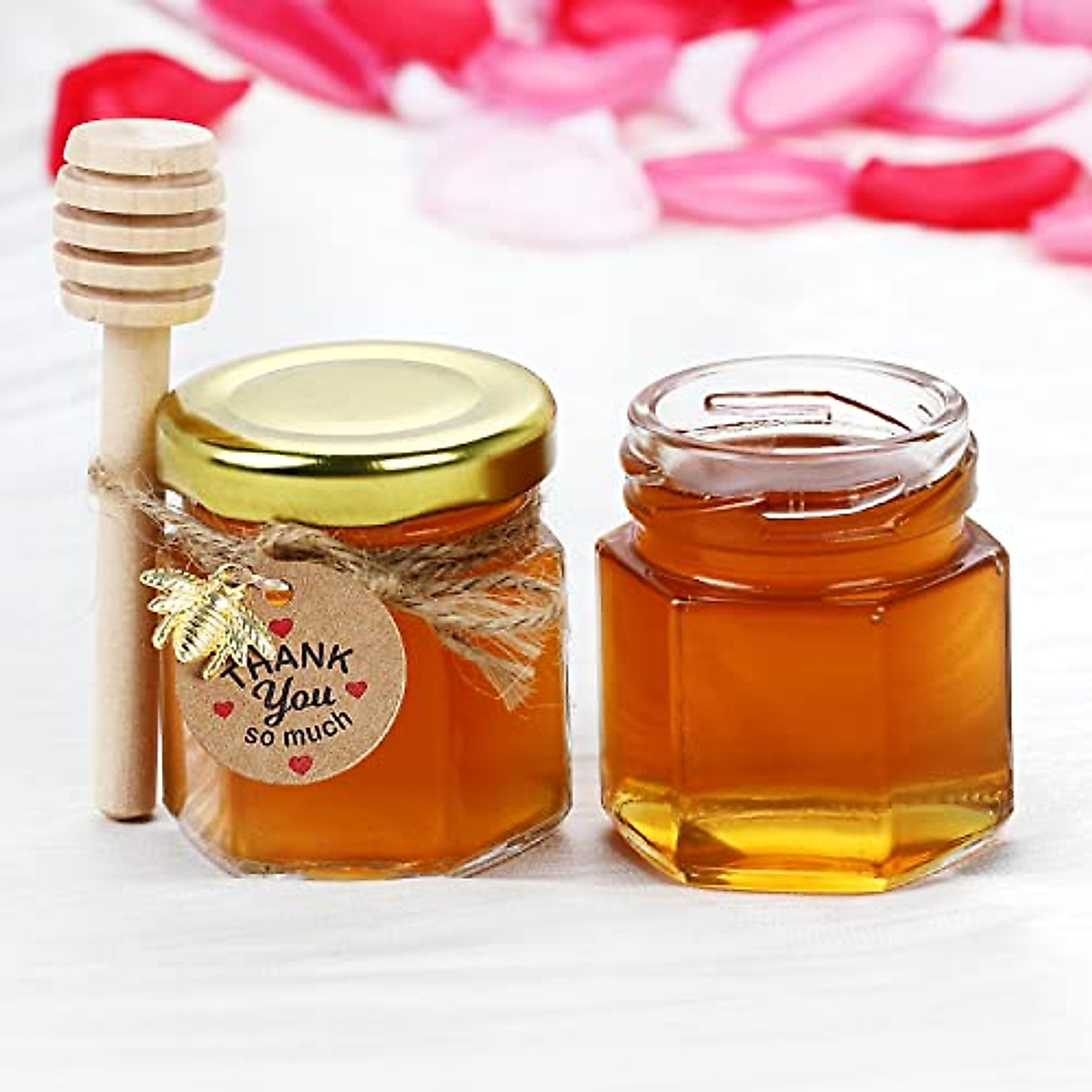 Yephets 48Pcs Honey Jars,Premium 1.5 oz Hexagon Mini Glass Jar with Wood Dipper Gold Lid Bee Pendant Jute Rope Small Containers Bottles for Jam Candies Baby Shower Wedding Party Favors