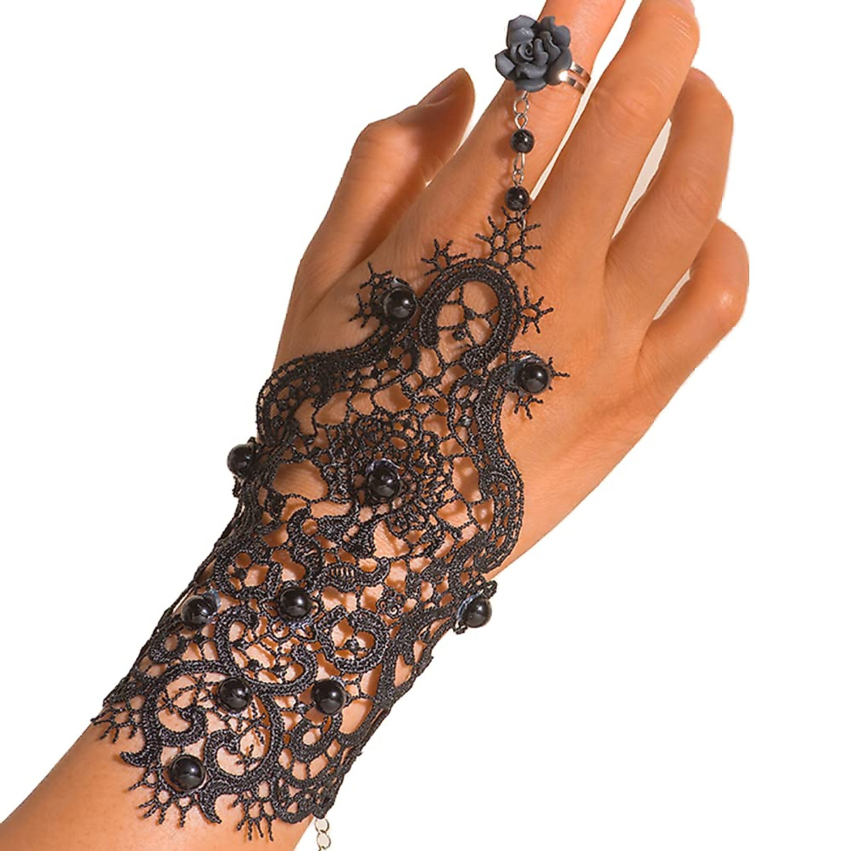 Asphire Gothic Black Lace Bracelet with Finger Ring Flower Gemstone Teardrop Harness Bracelet Vintage Wristband Wedding Prom Festival Hand Chain Jewelry for Women (Style 9)