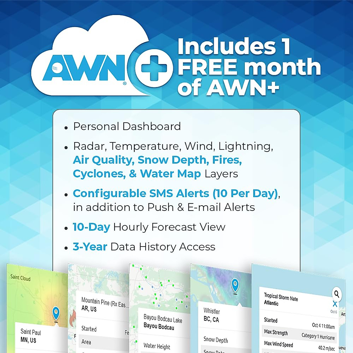 Ambient Weather WS-50-F007TH-X3 WiFi Smart Weather Station Receiver w/ 3 Outdoor Thermo-Hygrometers