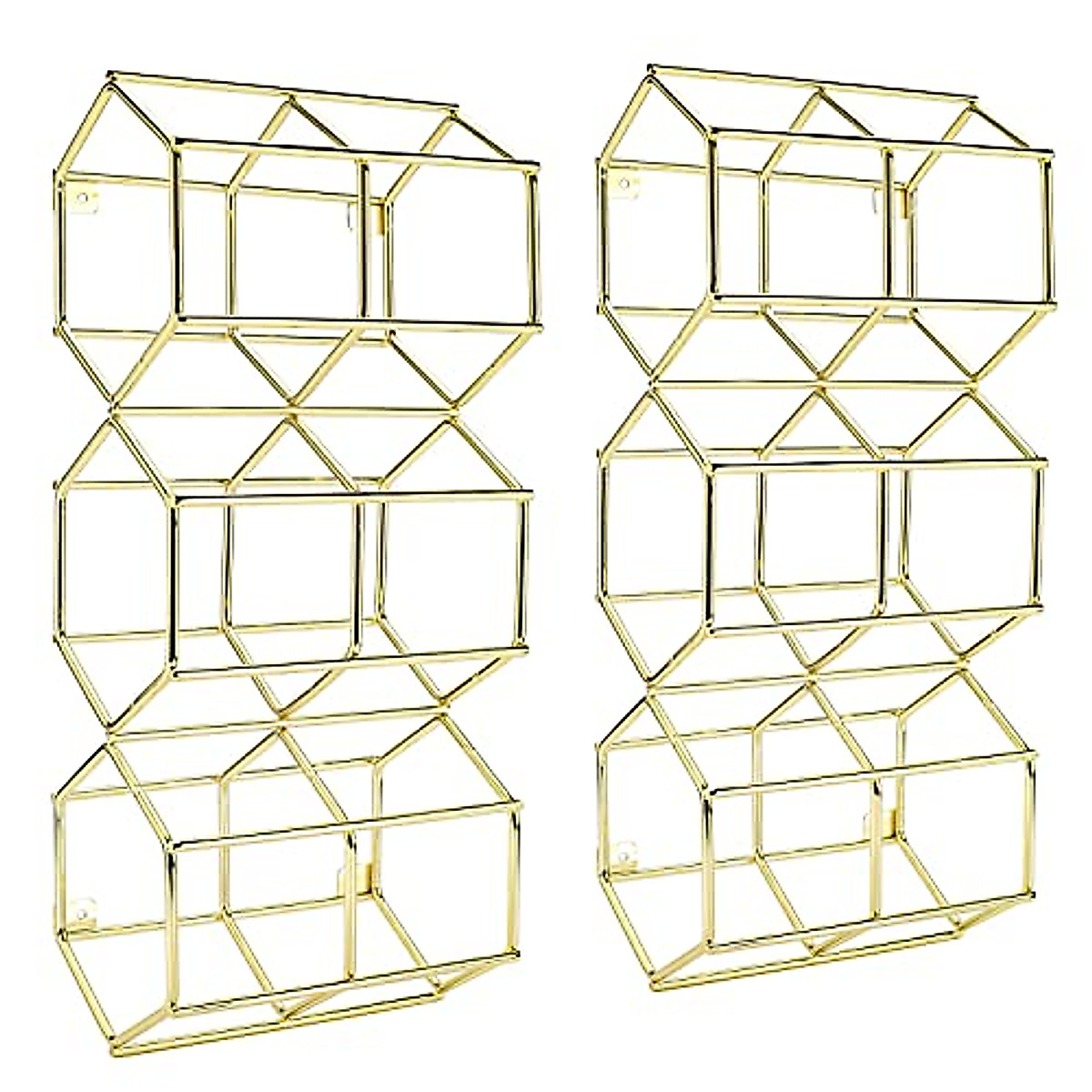 MyGift Modern Brass Plated Metal Wine Bottle Wall Rack, Decorative 3-Bottle Wine Display Holder, Set of 2