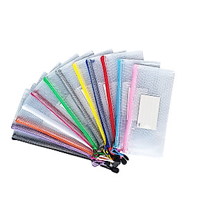 AUSTARK Plastic Mesh Zipper Pouch, 12Pcs Zipper File Bags with Label Pocket, Game Boards Storage Bags, Waterproof Document Storage Bags for Office Home Travel (Receipt Size 9.2x4.1 in)