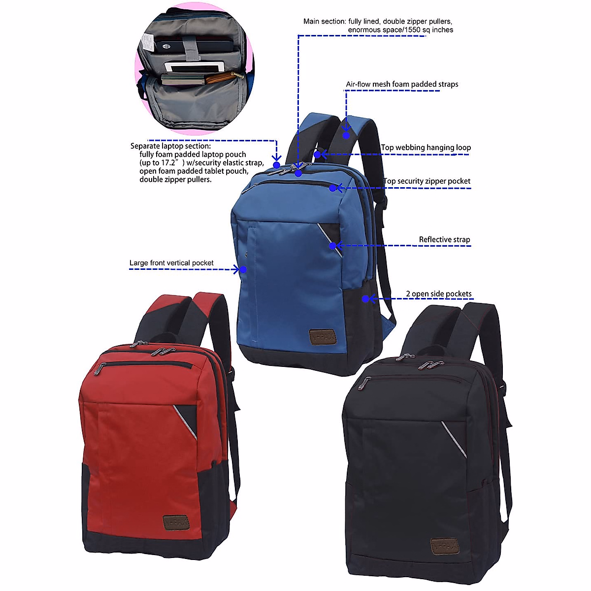 HYBRID Travel Laptop Backpack Computer Bag Stylish College School Backpack Navy/black 19 Inch