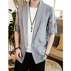Mingzhu Mens Cotton Linen Blazer Jacket Roll Up Long Sleeve Notched Lapel Sport Coat(0733-Grey-M)