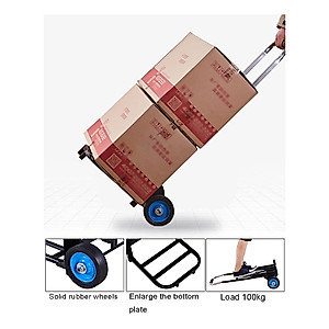 Generic Hand Trucks Folding Hand Trucks, Heavy-Duty 2-Wheel Solid Rubber Wheeled Trolley, Multifunctional Transport Luggage Cart, Steel Portable 100kg Load, with Bungee Cord