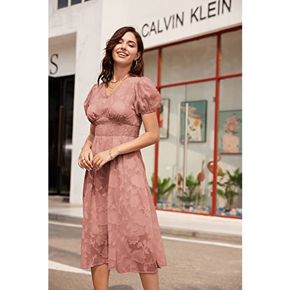 GRACE KARIN Women's Summer Puff Sleeve Flowy Dress 2023 V Neck Smocked Boho Floral A Line Tiered Midi Dresses Orange Pink