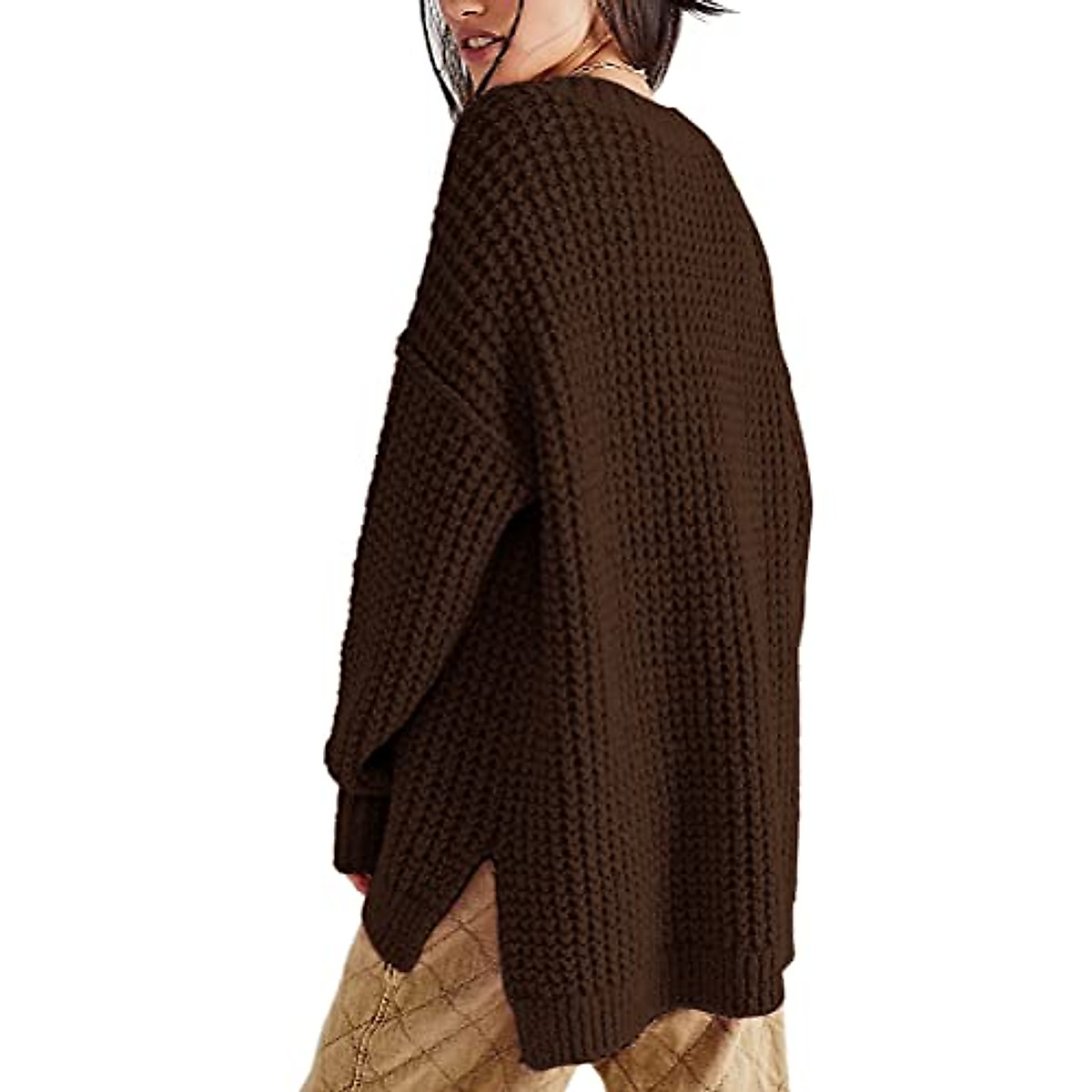 Womens V Neck Button Down Henley Sweater Long Sleeve Knit Pullover Sweaters Casual Side Slit Solid Color Jumper Tops