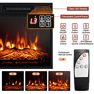 COSTWAY Electric Fireplace TV Stand for TVs Up to 55 Inches, 18-Inch Fireplace Insert with Remote, Overheat Protection, 48-Inch Wooden Media Entertainment Center with Adjustable Shelves, Black