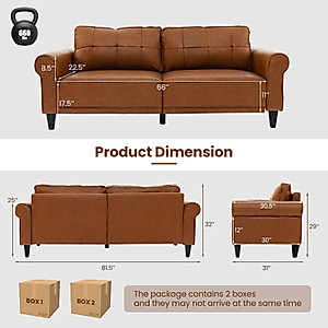 Loveseat Sofa, 2 Seater Sofa for Small Space, PU Leather Modern 3-Seater Sofa Couch with 2 Detachable Back Pillows