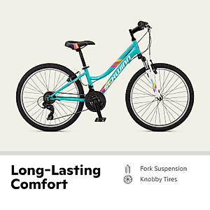 Schwinn High Timber Mountain Bike for Youth Boys Girls, 24-Inch Wheels, 21-Speeds, Front Suspension, Steel Frame and Alloy Linear Pull Brakes, Teal