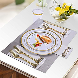 700 Count Gold Dinnerware Set-200 Plastic Plates- 300 Gold Plastic Silverware-100 Gold Plastic Cups-100 Disposable Hand Towel- Disposable Gold Dinnerware Set for Halloween, Christmas, Thanksgiving