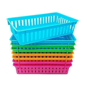 KWAGOCAR 8 Pack Classroom Storage Baskets Bins Colorful Plastic Organizer Basket Small Pencil Holder Tray Mesh Bins for Paper Desk Shelf Home School Office Arts Crafts Toy File Organization