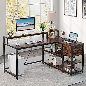 Tribesigns Reversible L Shaped Desk with Drawer, Industrial Corner Desk Home Office Table with Storage Shelves and Monitor Stand, Rustic Wooden and Metal PC Desk for Small Space (Rustic)