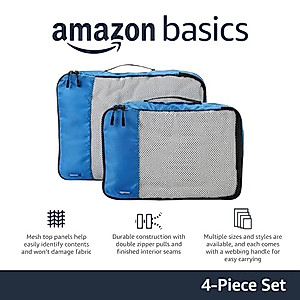 Amazon Basics Packing Cubes for Travel, Packing Organizers Set, 4-Piece-Set (2 Medium And 2 Large) With Double Zipper Pulls and Mesh Top Panel, 100% Durable Polyester, Blue