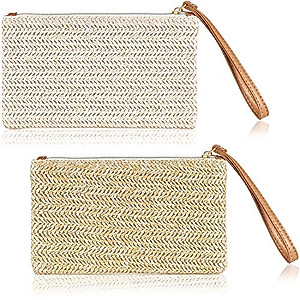 Frienda 2 Pieces Straw Clutch Purse Straw Handbag for Women Summer Beach Straw Bag Bohemian Wristlet Bag (Beige-White, Beige-Yellow)