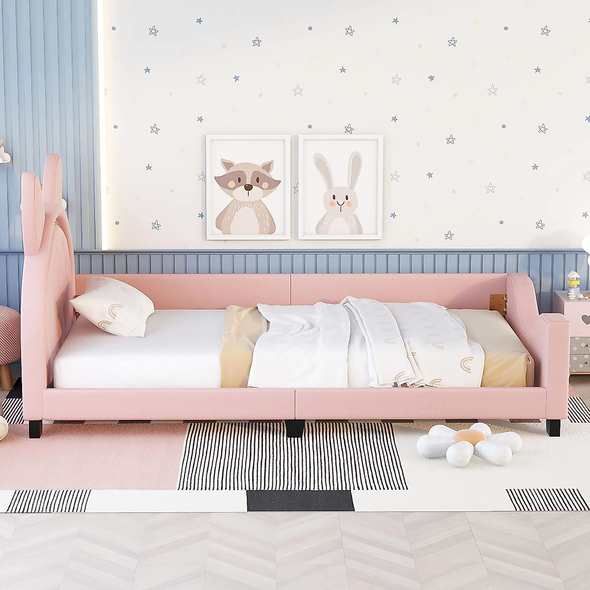 CNANXU Twin Size Upholstered Daybed with Bunny Ears/Mouse Ears Headboard, Bed Frames for Boys,Girls,Teens, Platform Bed for Bedroom,Mattress Base,No Box Spring Needed (Bunny Ears Pink)