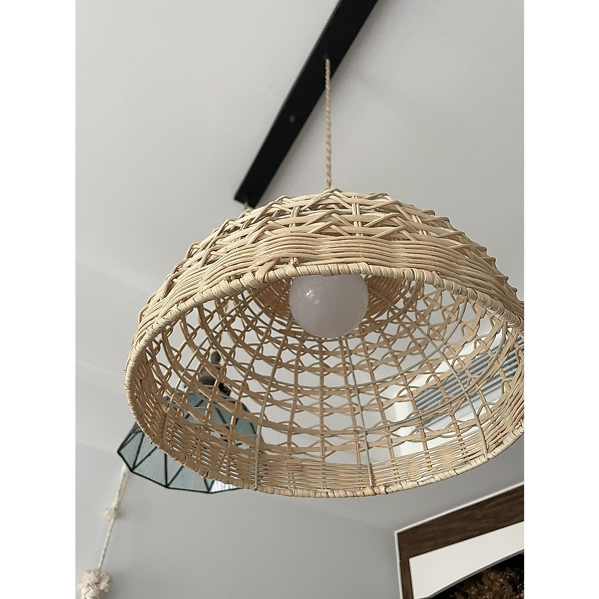 RISEON Rattan Lamp Shade, Woven Hanging Pendant Lampshade, Country Cottage Wicker Basket Chandelier Lamp Cover Rustic Ceiling Light Fixture Table Lamp Floor Lamp Light for Bedroom Living Room Hallway