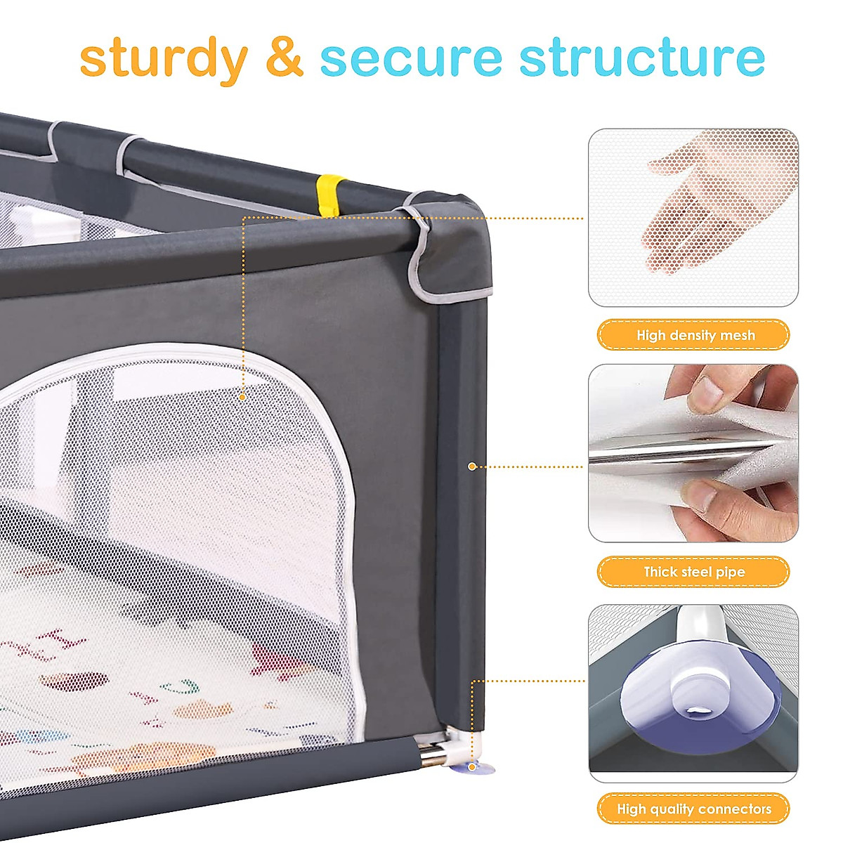 JHTOPJH Baby Playpen Set, Playpen with Collapsible Baby Play Mat, Indoor Baby Play Yard with 50pcs Pit Ball, Baby Play Pen with Soft Baby Book,Anti-Fall Playpen for Toddler(Gray)