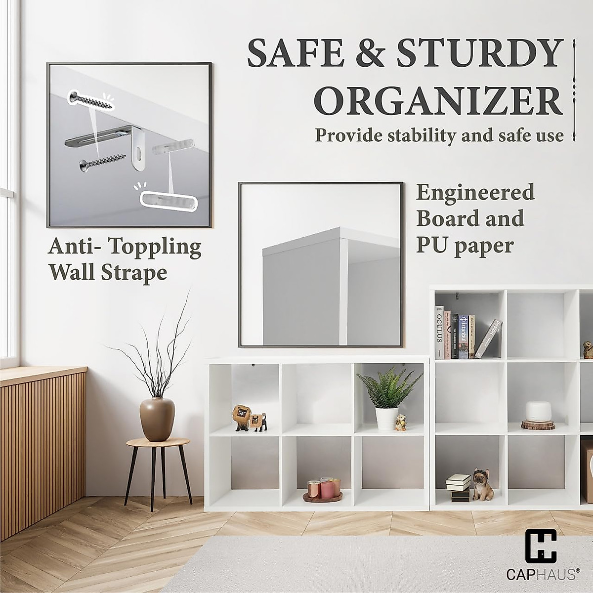 CAPHAUS Sturdy Room 13-Inch Cube Storage Organizer Shelf, with Extra Thick Exterior Edge, Open Storage Shelf Divider, Bookcase, 8-Cube, White