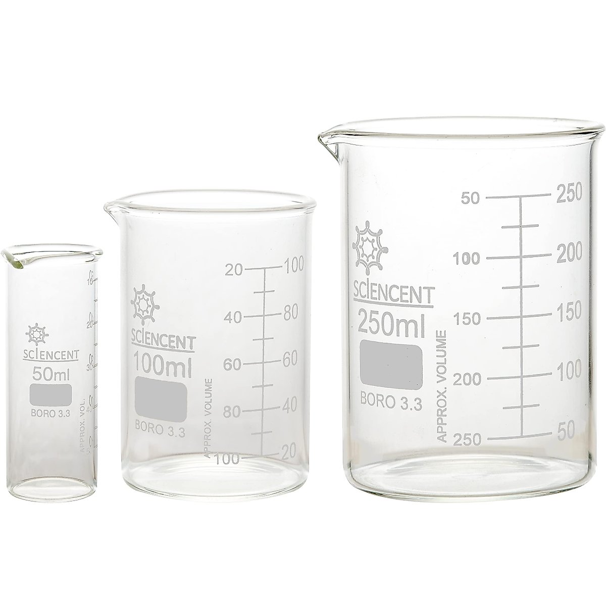 SCIENCENT Glass Beaker 50ml, 100ml, 250ml (Set of 3)