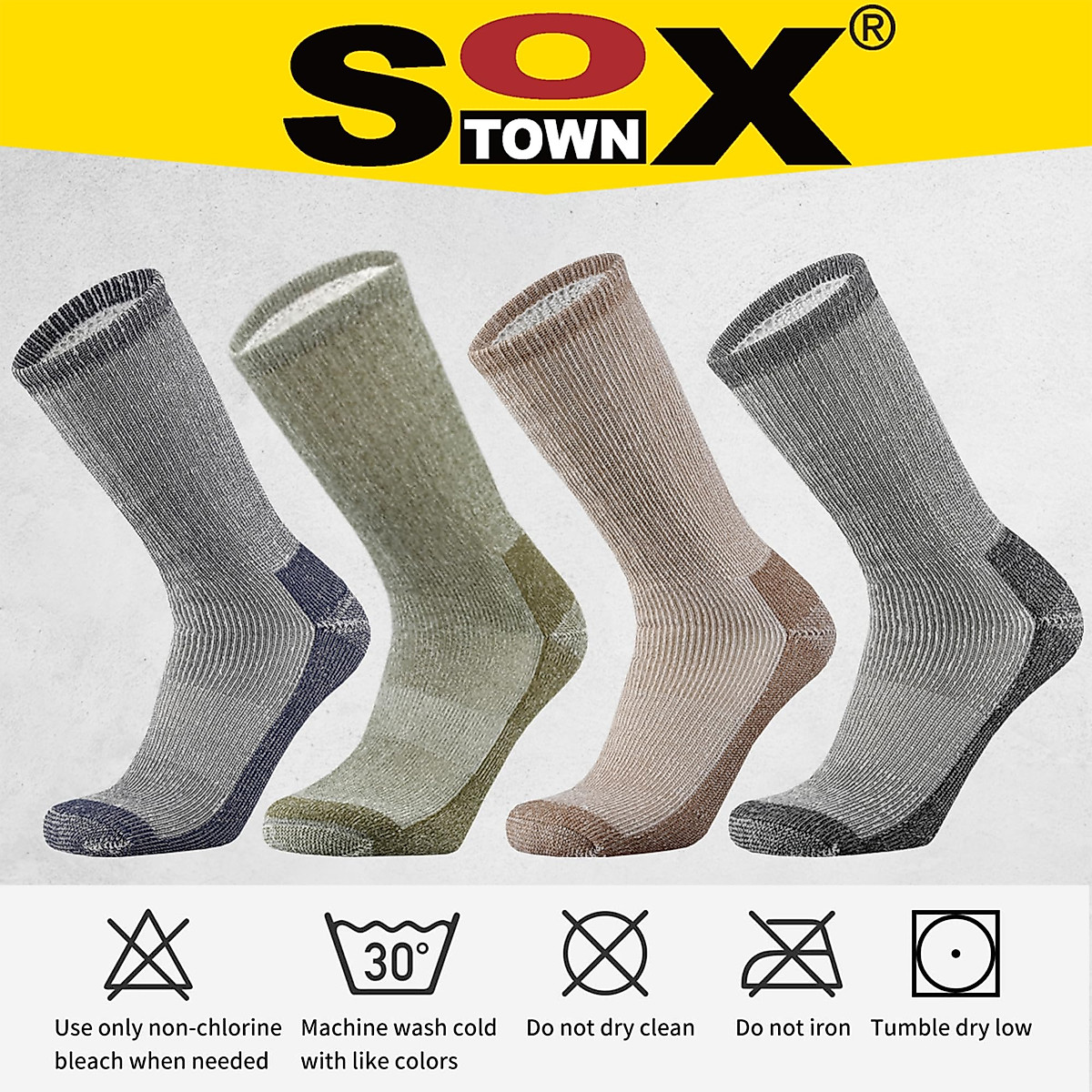 SOX TOWN Men's Merino Wool Cushion Crew Socks Moisture Wicking Control for Outdoor Hiking Work Boot Thermal Warm All Seasons(Black L)