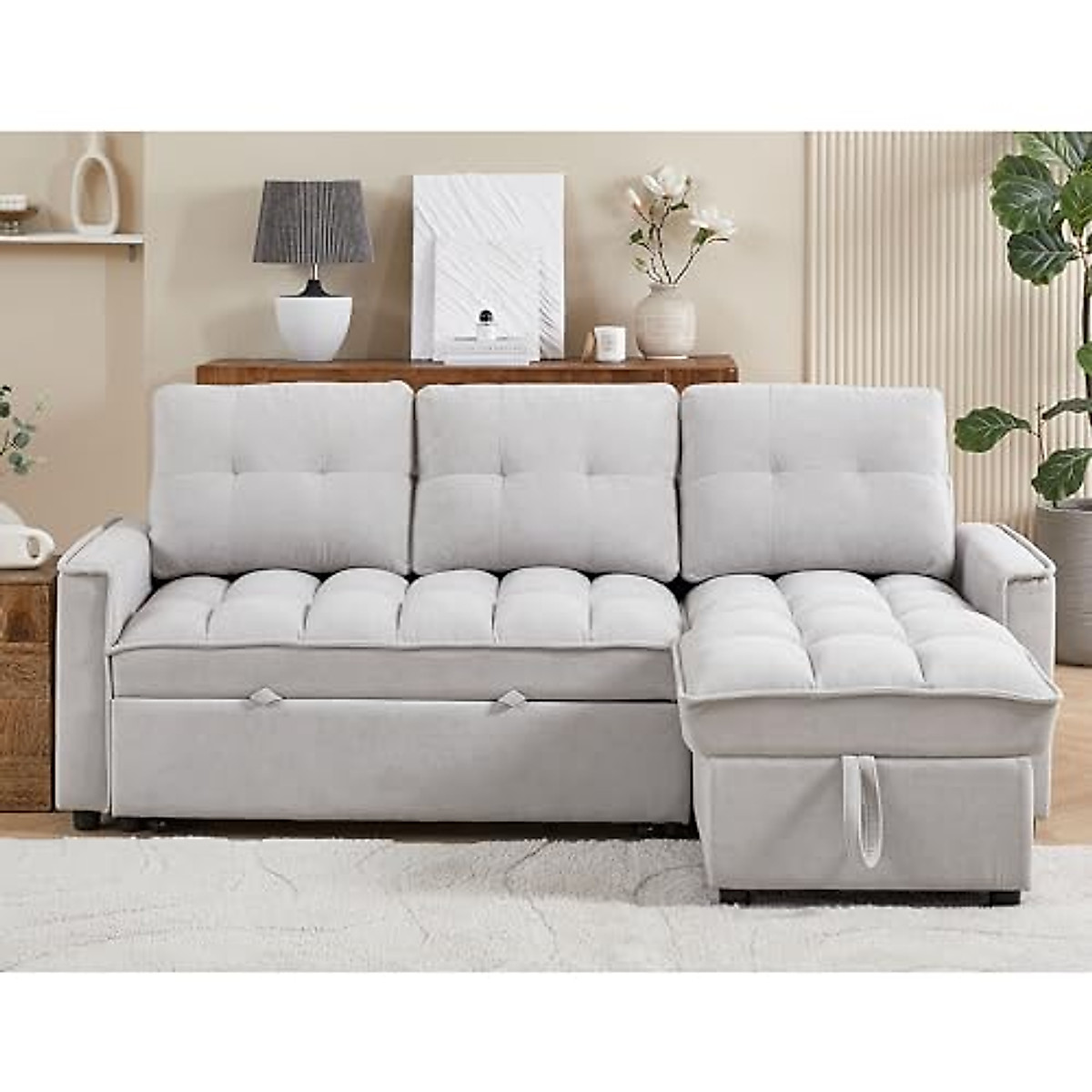 ERYE L-Shaped 3-Seaters Reversible Sleeper Sectional Sofa W/Pull Out Couch Bed and Storage Chaise for Living Room, Chenille Tufted Upholstered Convertible Sofabed with USB and Type-C Charging Ports