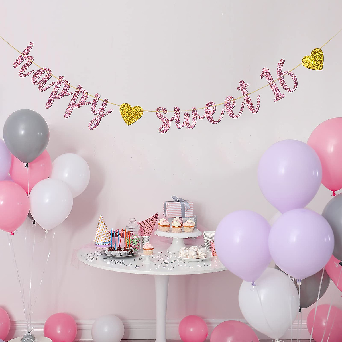 Happy Sweet 16 Banner – Pink Glitter Sweet Sixteen Sign -16th Birthday Banner Decorations - Milestone Happy Birthday Decorations