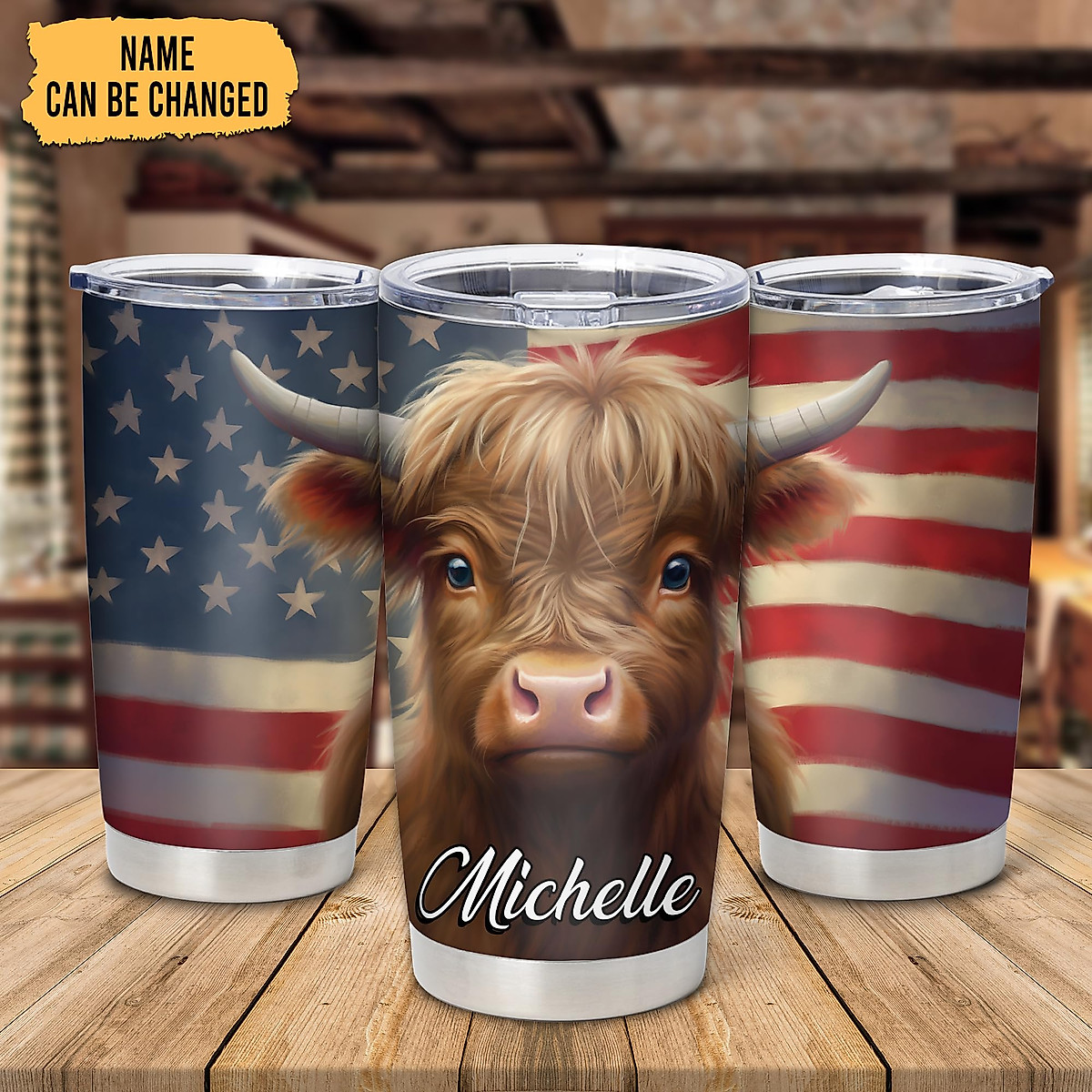 Hyturtle Personalized Gifts For Highland Cow Lover - American Flag Highland Cow Stainless Steel Tumbler 20oz With Lid - Idea Farm Animals Lover Gifts For Women, Girl On Christmas, Independence Day