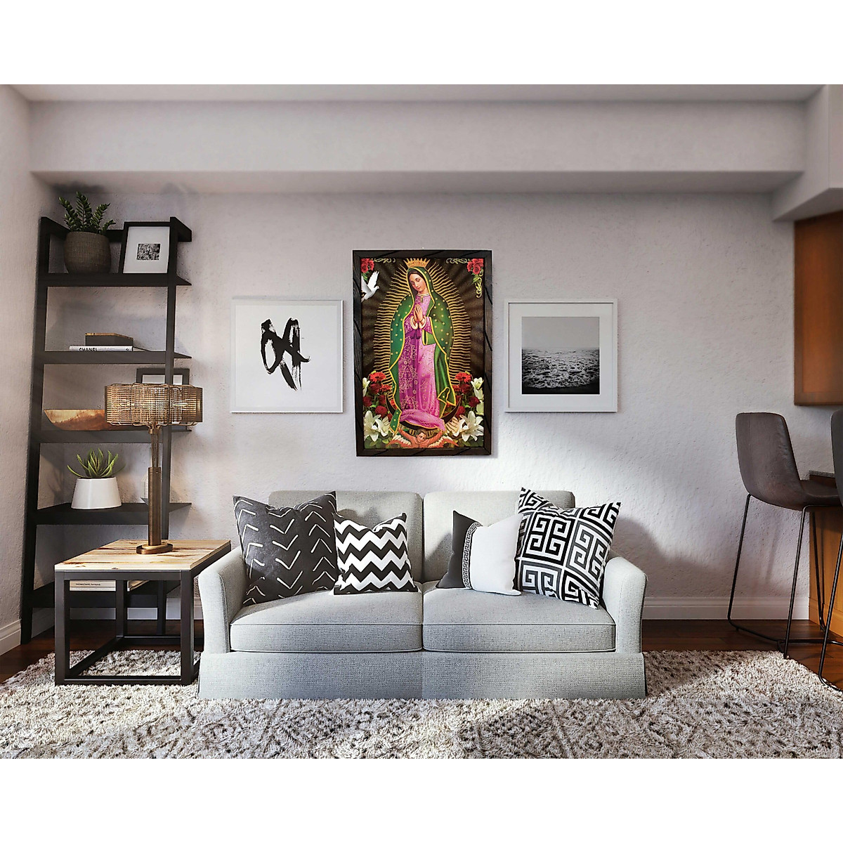 Mrcjsales- Our Lady of Guadalupe image with dove an flowers in rustic frame, Oil painting, 24''x36'', 13''x18'', 10''x12'' inches, religious art image, Virgen de Guadalupe con paloma y flores, Cuadro rustico , Home decor, wall decor, church events, gifts