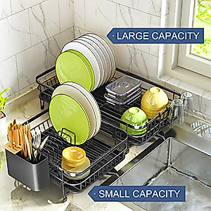 PXRACK Dish Drying Rack, Expandable(12.8"-21.5") Dish Rack with Utensil Holder Cup Holder, Stainless Steel Dish Rack and Drainboard Set for Kitchen Counter, Black