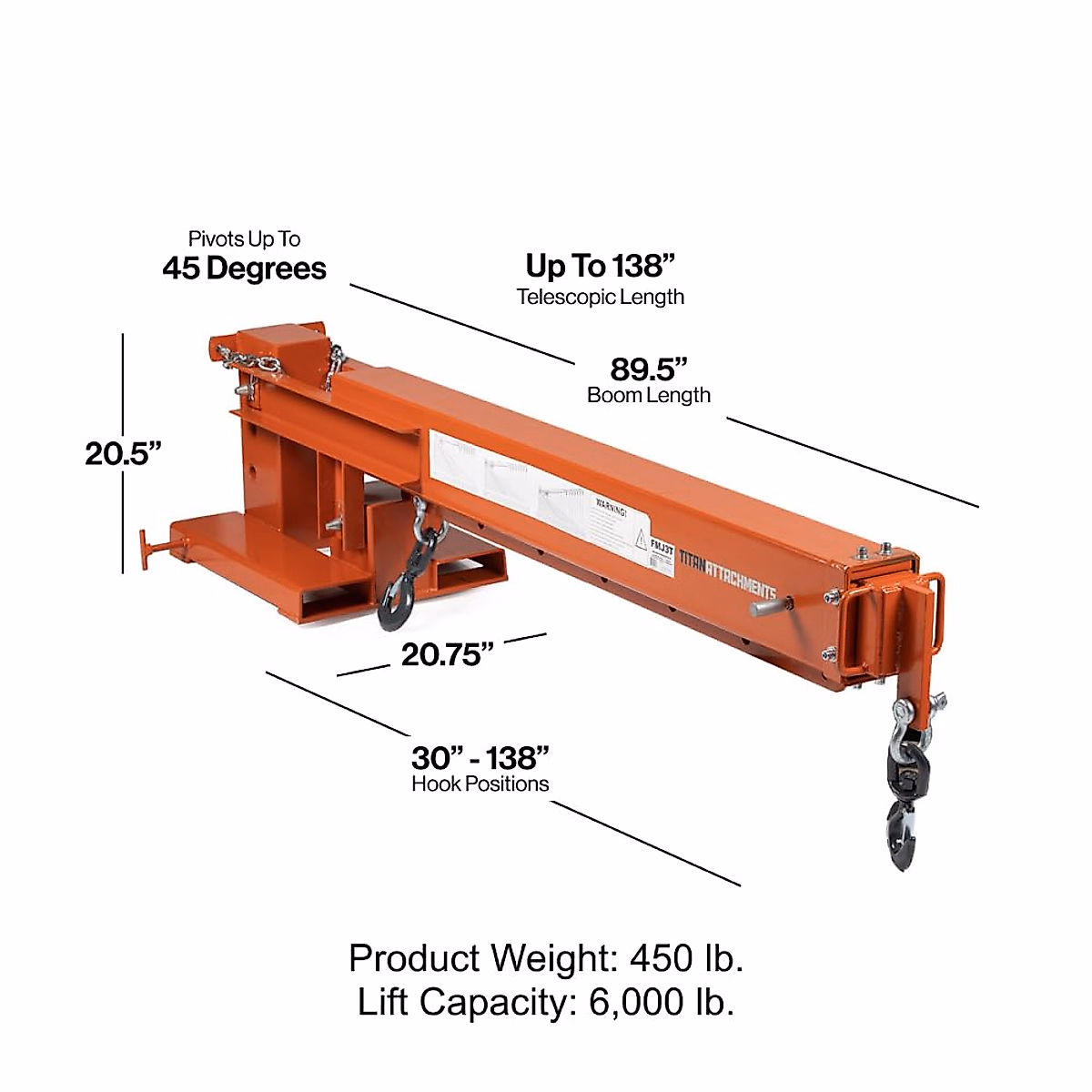 Titan Attachments Fork Mounted Jib Boom Crane Attachment, Manual Telescoping Boom Extends Up to 138â€, Pivots Up to 45 Degrees, 6,000 LB Lift Capacity, Two Swivel Hooks, Adjustable Hook Points