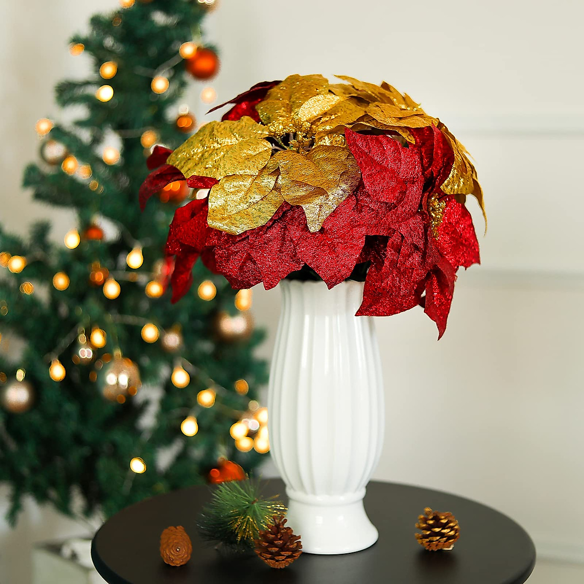 Nubry 10pcs Artificial Poinsettia Flower Heads with 2pcs Stems Fake Red Christmast Decoration Faux Flowers Bouquet for Christmas Tree Home Garden Decor (5-Red-11in)