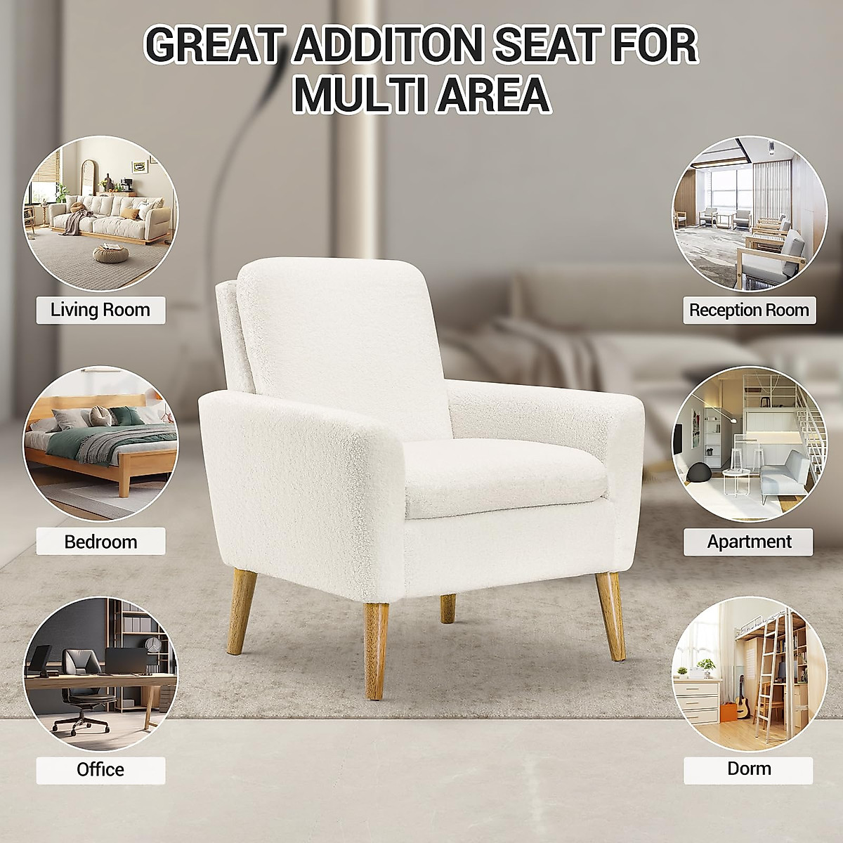 Lohoms Sherpa Accent Chair White Teddy Fabric Upholstered Comfortable Arm Chair Comfy Reading Chairs for Bedroom, Living Room Chair Small Sofa Chair with Wood Legs