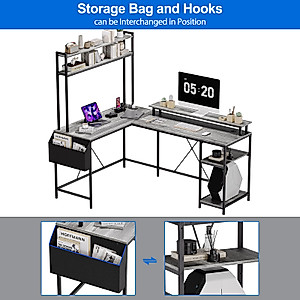 ElectraSpeedy L Shaped Gaming Desk, Reversible Corner Desk with Hutch, Power Outlets, LED Strip, Monitor Stand, Storage Shelves, and Side Storage Bag for Home Office (Grey)