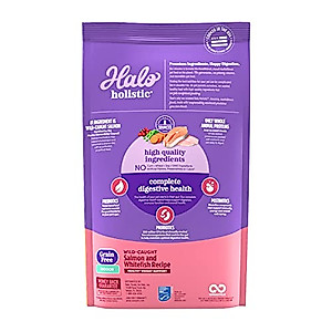 Halo Holistic Indoor Cat Food Dry, Grain Free Wild-caught Salmon & Whitefish Recipe for healthy weight support, Complete Digestive Health, Dry Cat Food Bag, Adult Formula, 6-lb Bag