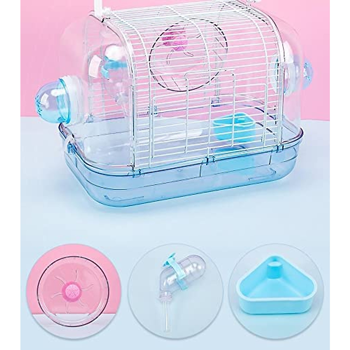 Misyue Hamster Travel Portable Carrier Cage Small Animal Carry Case with Water Bottle&foodbowl&Running Wheel for Dwarf Hamster,Ferrets,Hedgehog,Chinchilla (Blue)