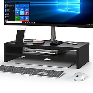 BONTEC Wood Monitor Stand Riser, 2 Tiers with Storage Organizer, Desktop Ergonomic Cellphone Holder and Cable Management, 21.3 Inch Shelf, Black
