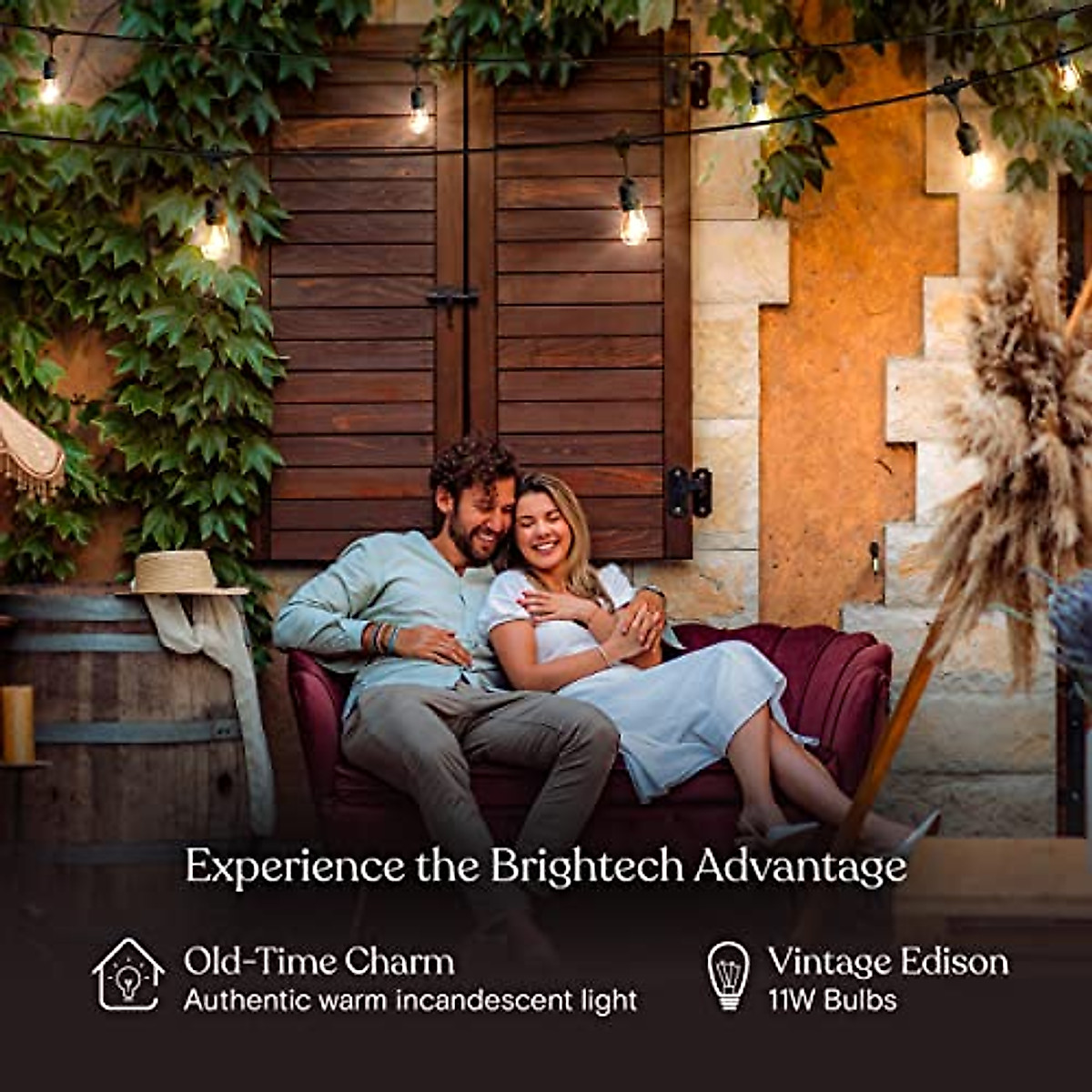 Brightech Ambience Pro Outdoor String Lights - Commercial Grade Waterproof Patio Lights with 48 Ft Dimmable Incandescent Edison Bulbs, Porch String Lights For Patio, Backyard, Christmas - 15 Bulbs 11W