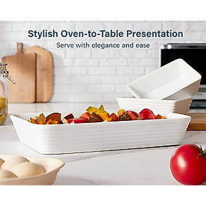 ONEMORE Ceramic Baking Dish, 9x13 Baking Pan Casserole Dish Large Rectangular Baking Dishes for Oven Deep Dish Lasagna Pan for Family Meals Ribbed White Bakeware for Roasting & Serving