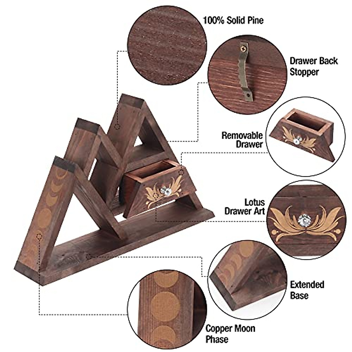 SSISSI Moon Phase Mountain Shelf - Triangle Shelf with Drawer - Moon Shelf for Crystals - Crystal Holder - Witchy Room Decor - Boho Decor - Wooden Rustic Crystal Shelf - Woodland Nursery Decor